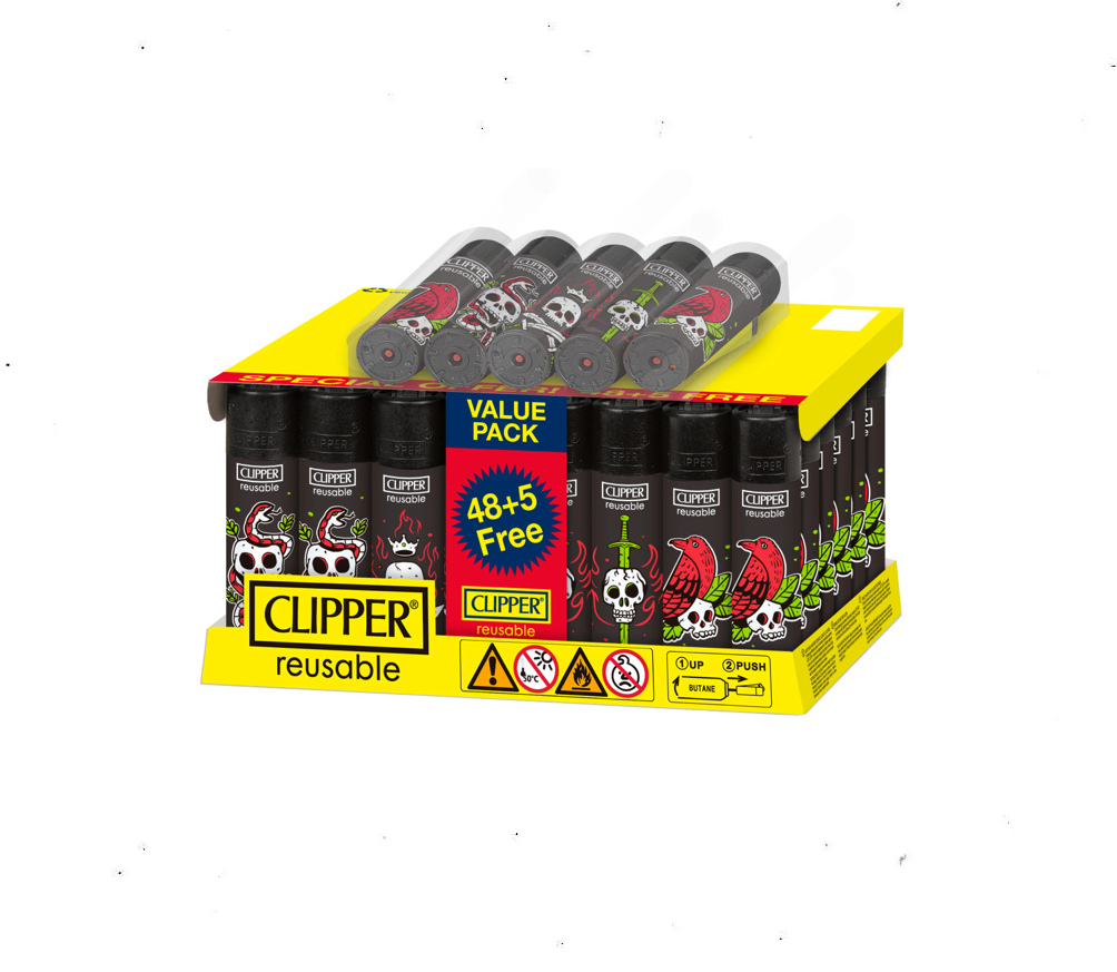 Clipper Lighters - Skull Tattoo (48pcs + 5 Free Lighters) – Golden ...